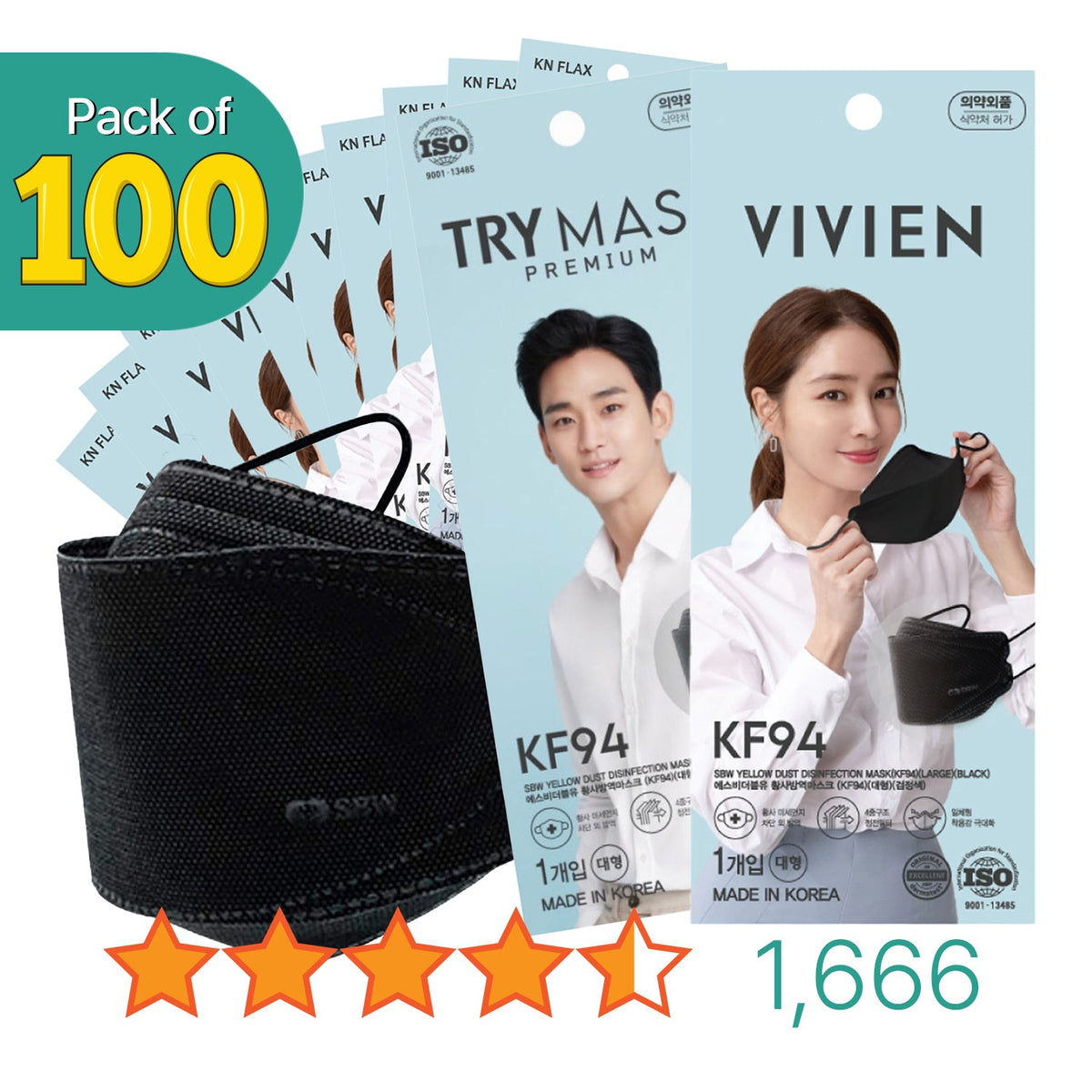 [100PCS] TRY KF94 BLK Premium Mask for Adult | Made in Korea - KN FLAX
